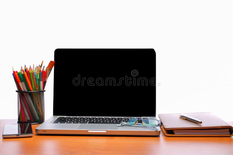 Working Space, Laptop, Notepad on Wooden Desk Stock Image - Image of ...
