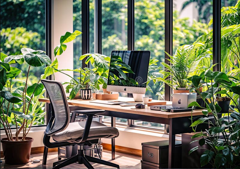 Working Space in Modern Office with Green Plants and Computer on Table ...