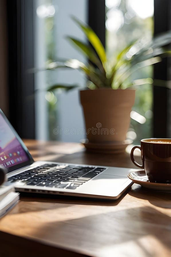 A Relaxing Workspace with a Laptop and a Cup of Coffee Stock ...