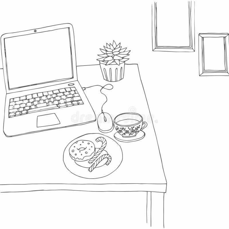 Working Space. Vector Outlined Black and White Illustration Stock ...