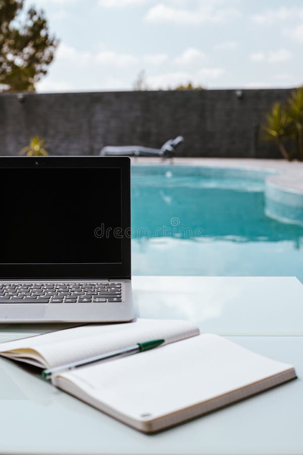 Working in Summer, Laptop in the Pool, with Black Screen for Text, Logo ...