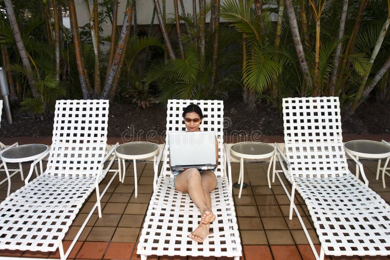 Working by the Swimming Pool Stock Image - Image of orange, business ...