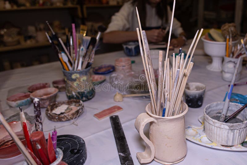 Working Table of a Ceramist, Clay Workshop Stock Image - Image of hobby ...