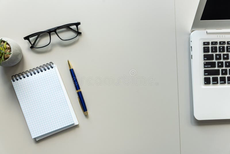 Working Table with Laptop, Empty Notepad Nad Pen on White Desk. Top ...