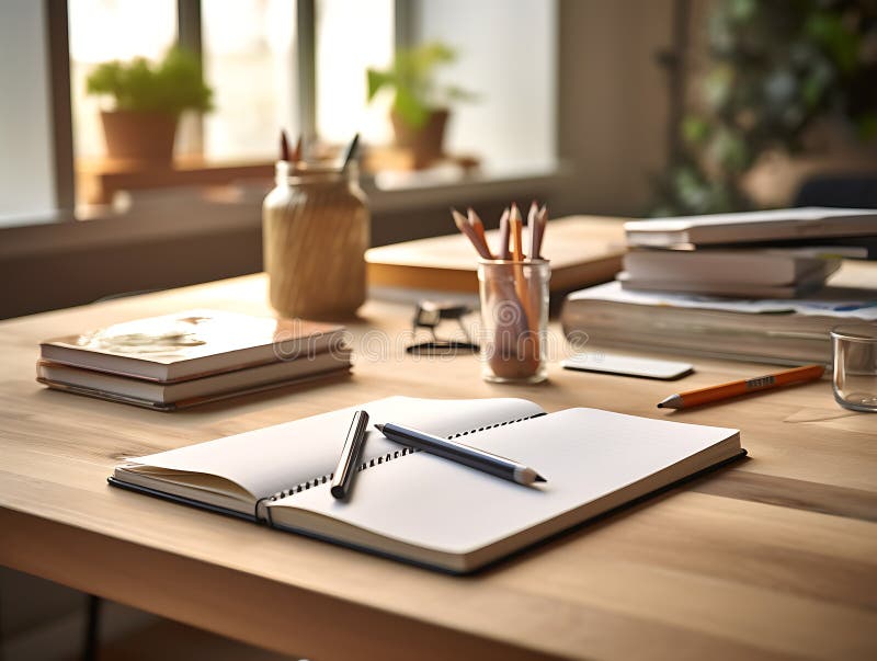 Working Table with Notepad, Stationery, Books. Close Up.Ai Generative ...