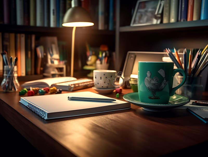 Working Table with Notepad, Stationery, Books. Close Up.Ai Generative ...