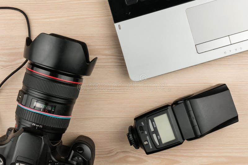 Working Table of Photographer or Artist Overhead View Stock Photo ...