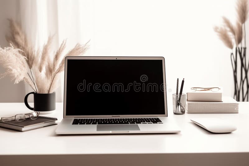 Working Table with Open Notebook, Laptop, and a Plant, Day Sun Light ...