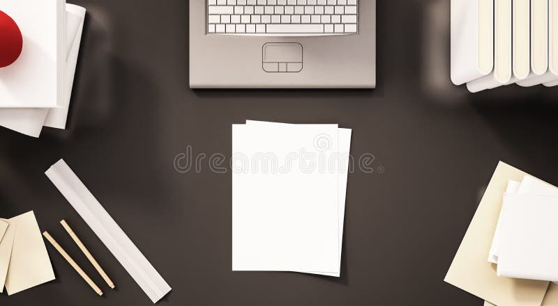 Working Table, Top View, with Laptop Keypad, Stationery, Paper Work ...