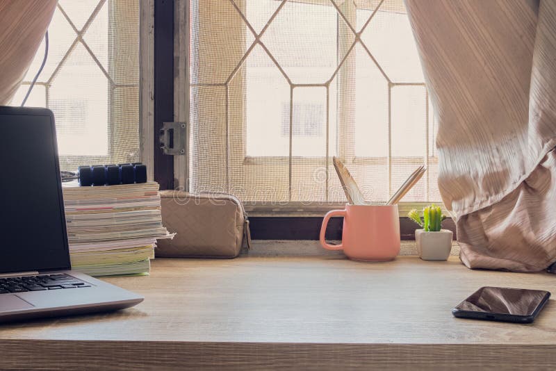 Working Table with Window Home Office Stock Image - Image of interior ...