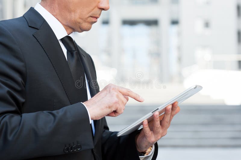 Working on tablet. stock image. Image of outdoors, collar - 40584667