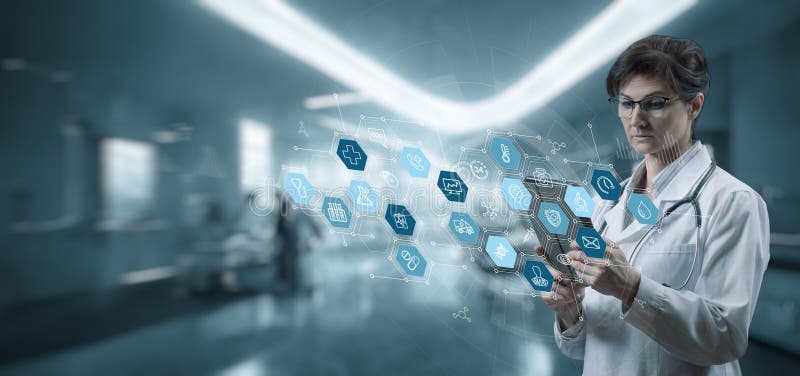 Working on Tablet Virtual Computer Screen with Interface Stock Photo ...