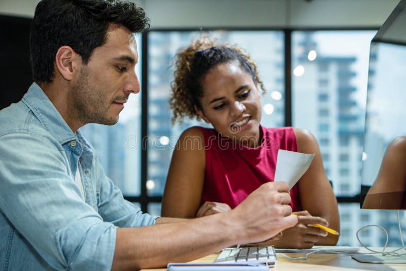 Teamwork Couple Happy with Working Together in Office with Computer ...