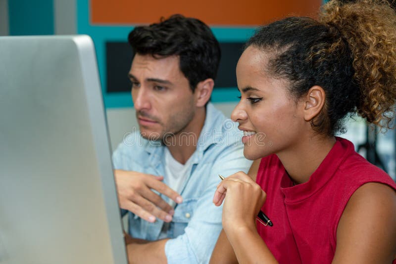 Teamwork Couple Happy with Working Together in Office with Computer ...