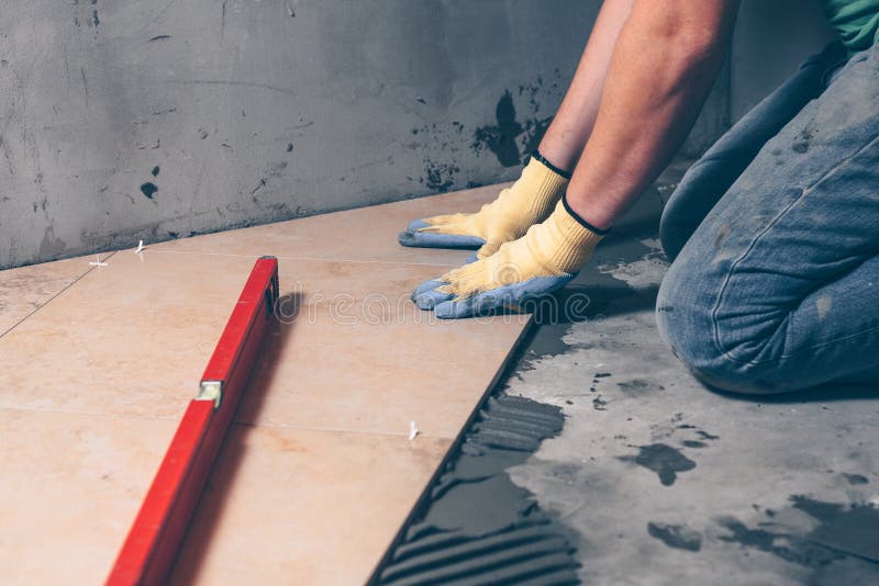 Working Tiles Lay on the Floor Stock Photo - Image of cement, install ...