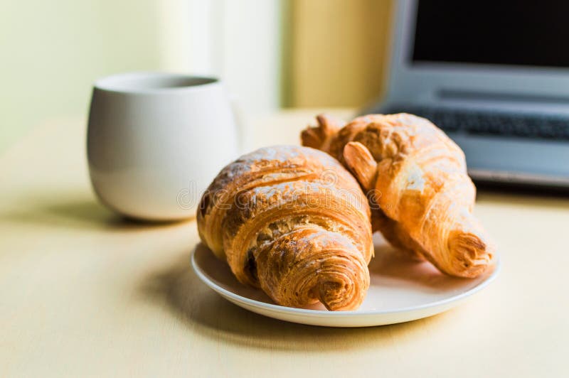 Working Time, Coffee Break with Croissant Stock Photo - Image of border ...