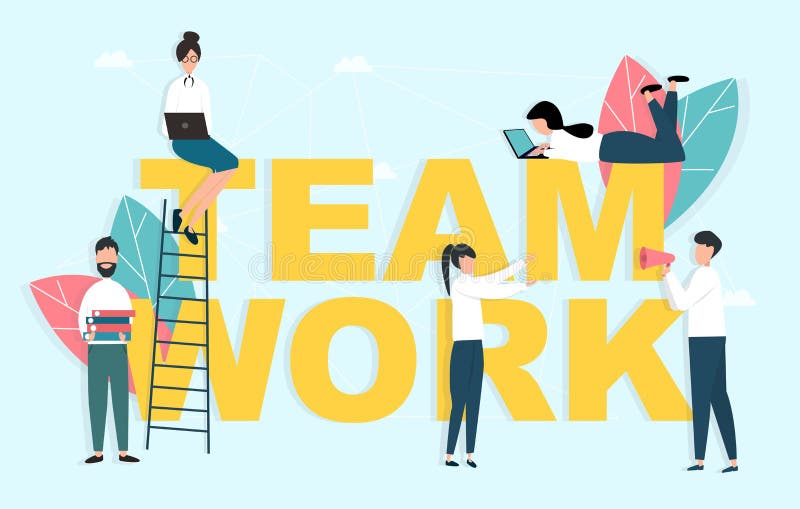 Working Together. Word TEAMWORK and Group of Office Employees on Blue ...