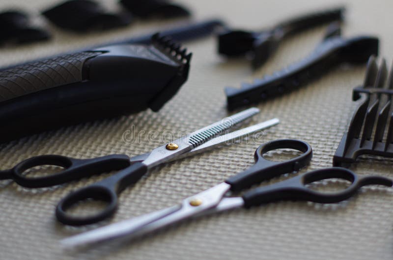 Working Tools of Barber Master. Hair Salon Table with Bokeh Effect ...