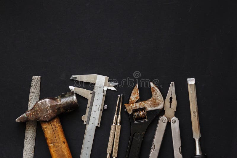 Working Tools on Black Background Top View. Set Instruments for Stock ...