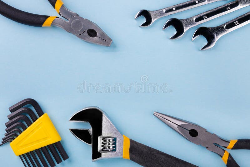 Working Tools on Blue Background. Flat Lay. Stock Photo - Image of ...