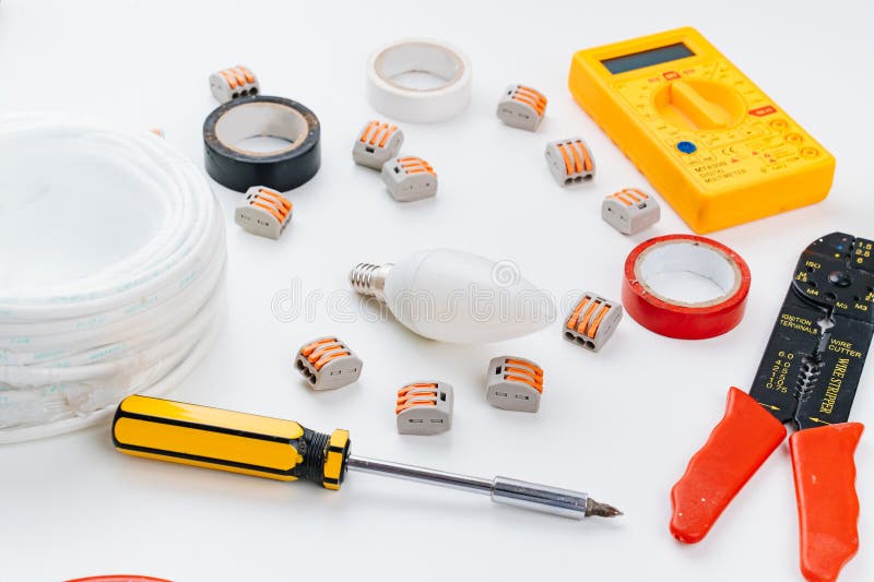 Working Tools for an Electrician on a White Background. Stock Photo ...