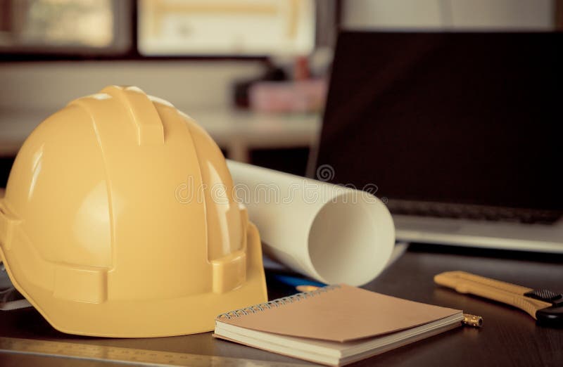 Working Tools Engineer Desk with Helmet Stock Photo - Image of tools ...