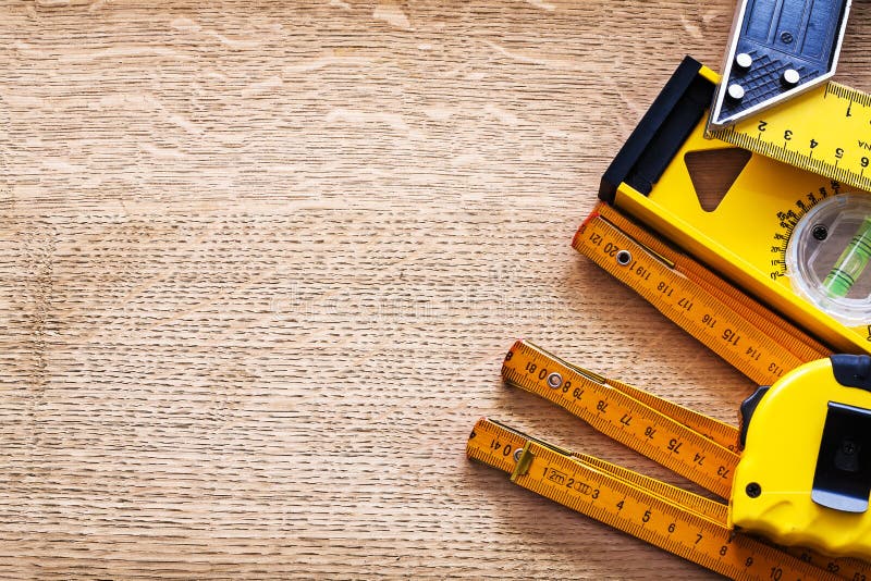 Working Tools of Measurement on Oaken Wooden Board Stock Image - Image ...