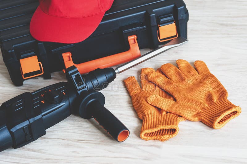 Working Tools.rotary Hammer, Tool Box, Work Cap, Gloves Stock Image ...