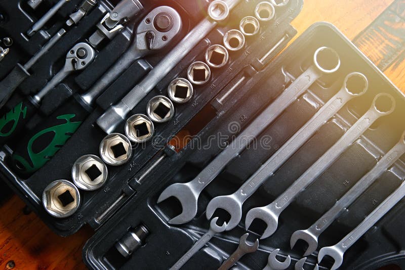 Working Tools Set Car Mechanics Wrenches in Black Box. Top View and ...