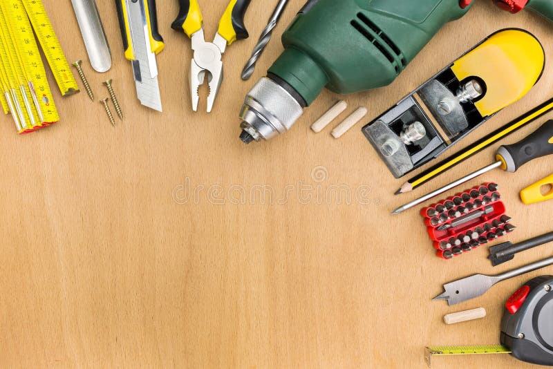 Working Tools on Wood Background Stock Photo - Image of renovation ...