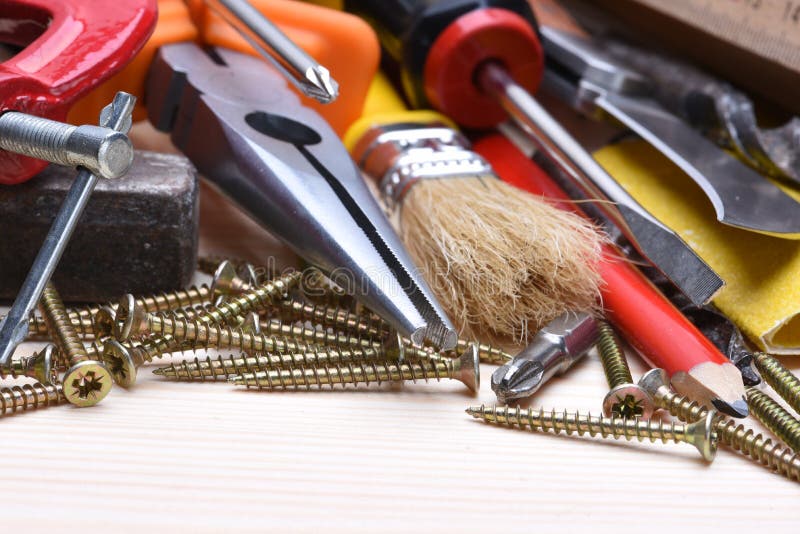 Working Tools on Wooden Board Stock Photo - Image of concept, group ...