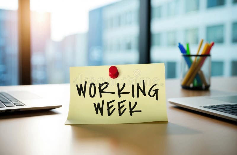 WORKING WEEK Text Words Phrase on a Sticker on the Office Desk Stock ...
