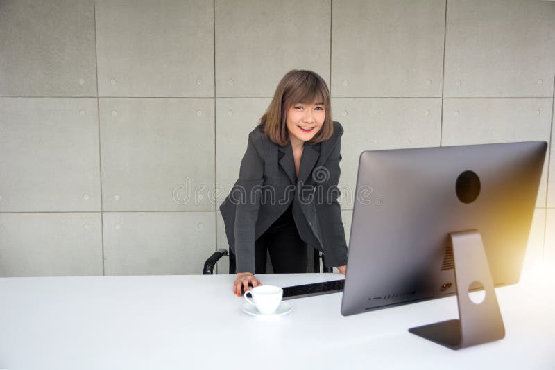 Working Woman Working in Front of Computer Thinking of Project Stock ...