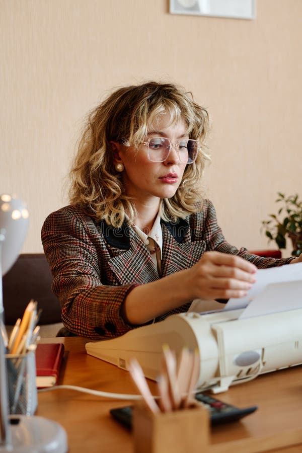 Working Woman Using Fax Machine in Office Setting Stock Photo - Image ...