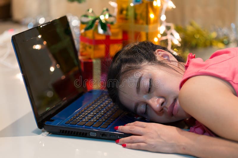 Working Women Sleep at Computer in Home Stock Image - Image of close ...