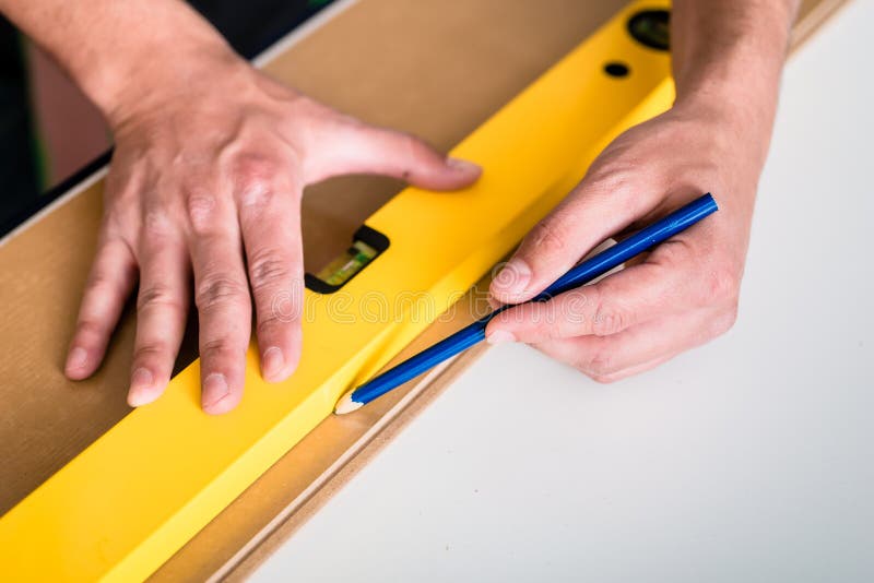 Workman with Air Level Flooring Home Stock Image - Image of carpenter ...