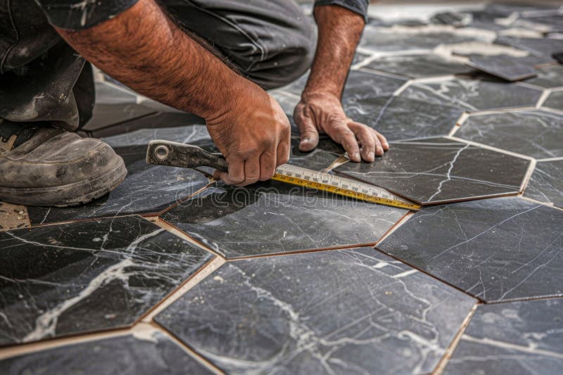 A Workman Carefully Measures Dark Marble Hexagonal Tiles for Precise ...