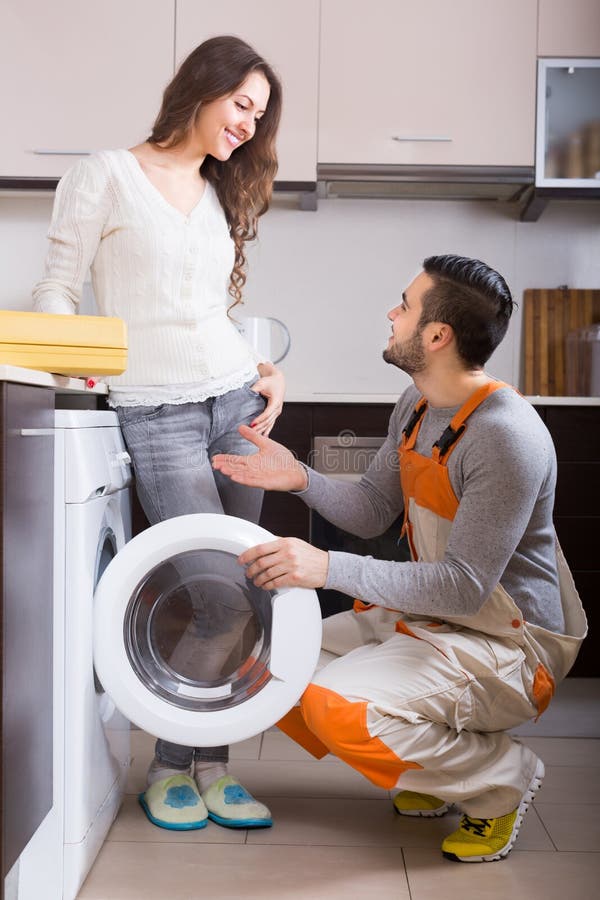 Workman and Client Near Washing Machine Stock Image - Image of wash ...