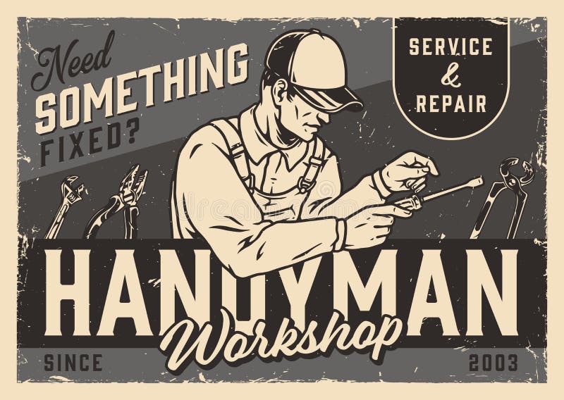 Workman with Hand Tools Monochrome Poster Stock Vector - Illustration ...