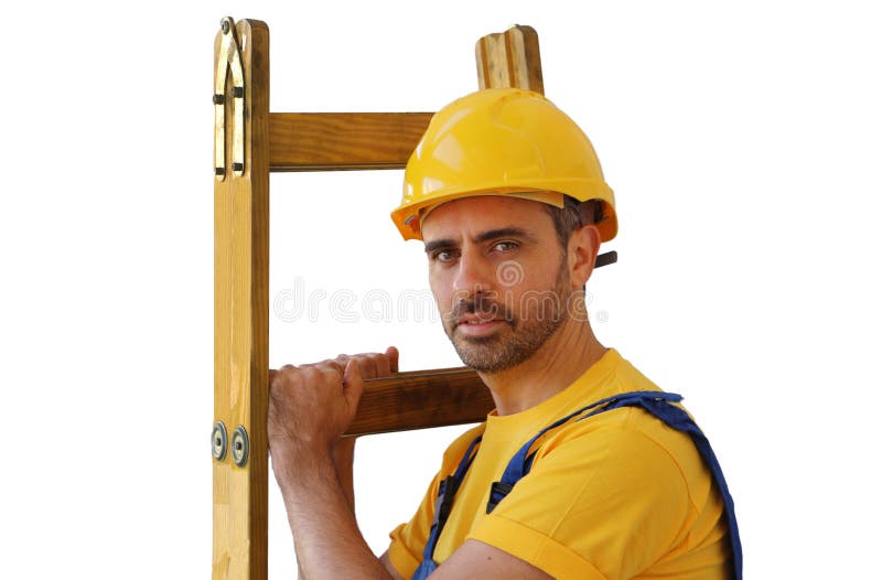 Workman in a Hardhat Carrying a Ladder Stock Image - Image of ...