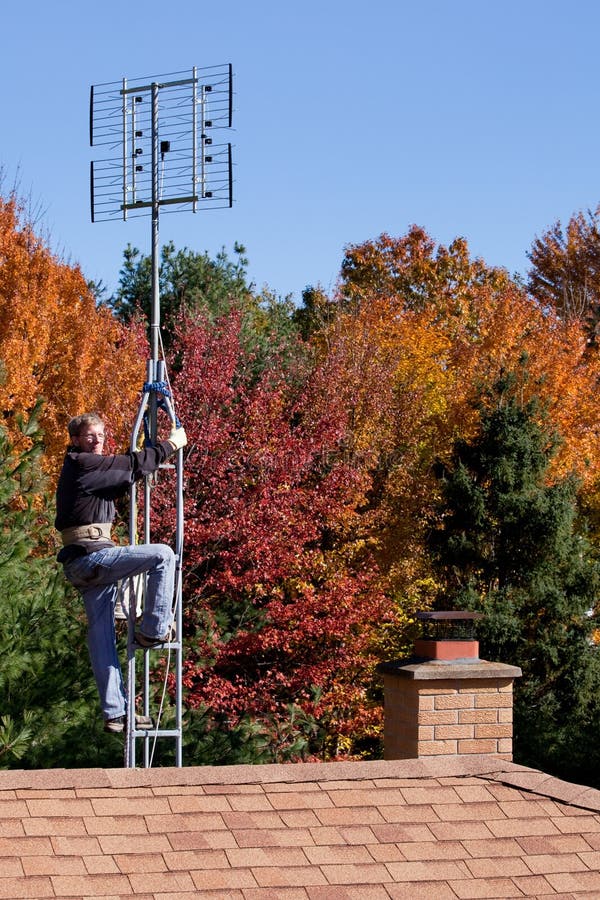 Workman Installing HDTV Digital Antenna Stock Image - Image of install ...
