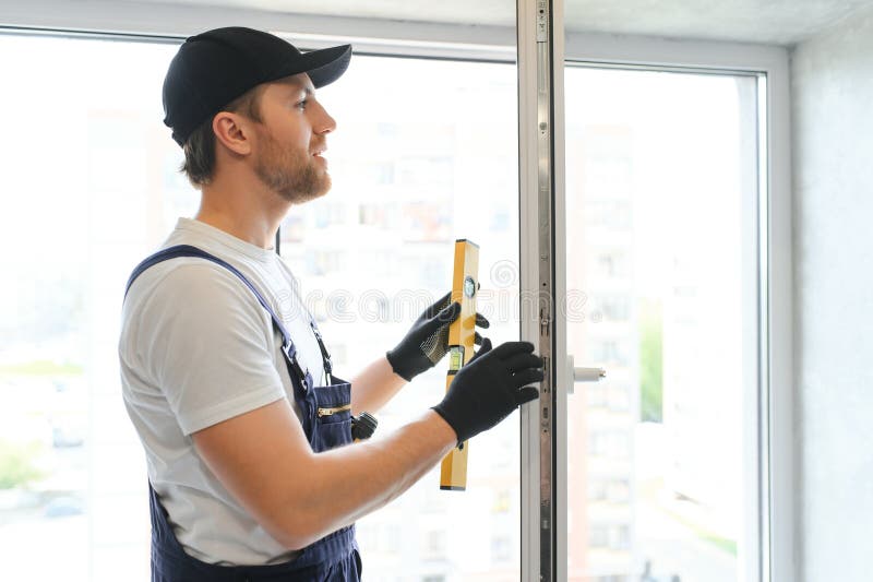 Workman in Overalls Installing or Adjusting Plastic Windows in the ...