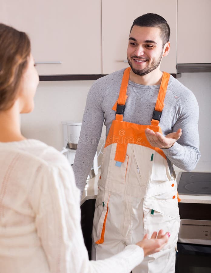 Workman visiting customer stock image. Image of handyman - 53492509