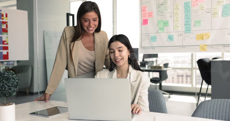 Two Workmates Prepare Report Learn Charts, Graphs and Diagrams Stock ...