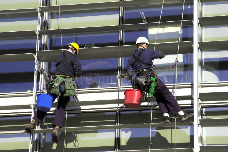 Workmen Abseiling a Corporate Building Stock Photo - Image of city ...