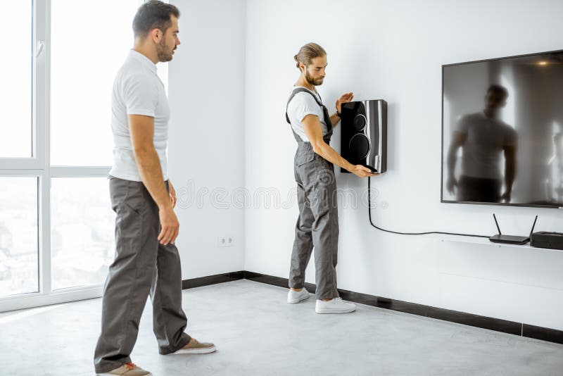Workmen Installing Audio System at Home Stock Image - Image of music ...