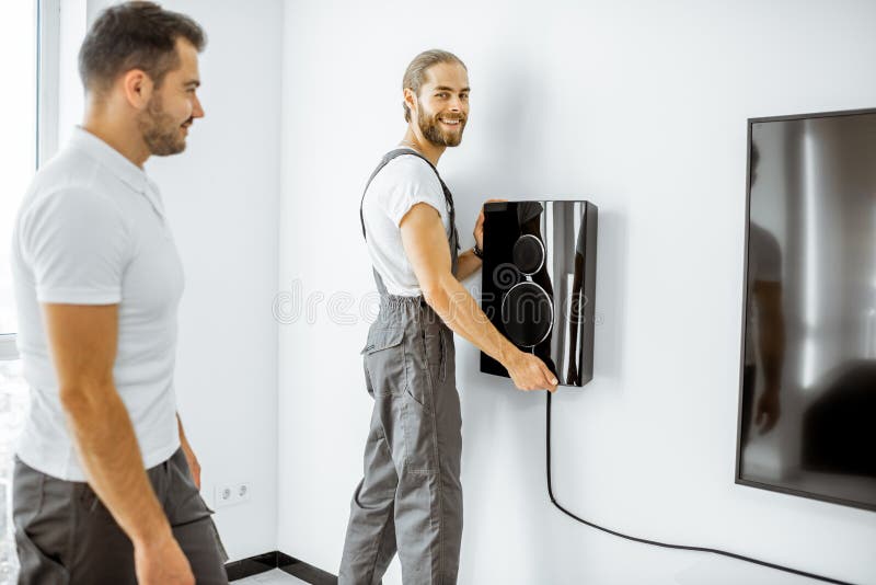 Workmen Installing Audio System at Home Stock Image - Image of music ...