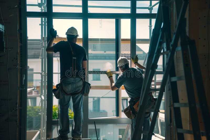 Workmen Installing a Window Frame at a Building Site, Construction Site ...