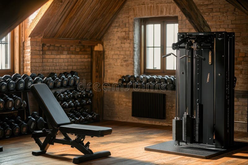 Modern Gym Setup Featuring Weights and Multi-function Equipment in a ...