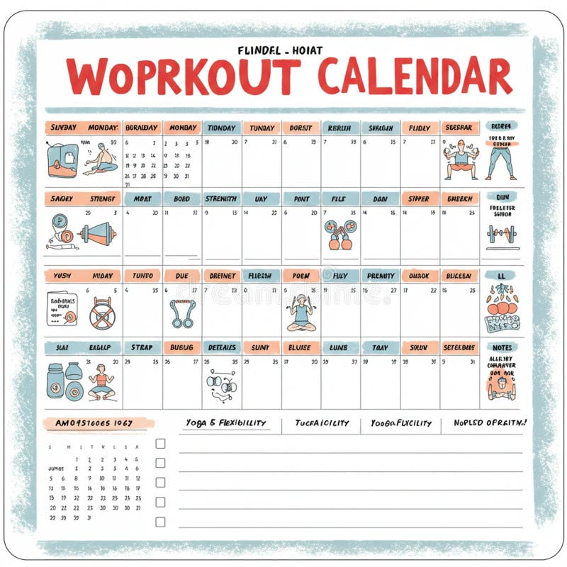 Workout Calendar Featuring a Grid Layout with Days of the Week and ...